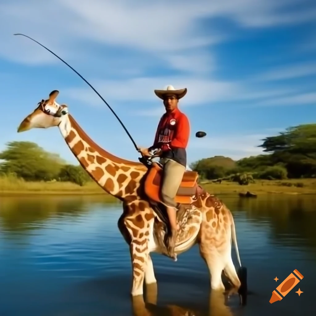 Fisherman riding a giraffe on Craiyon