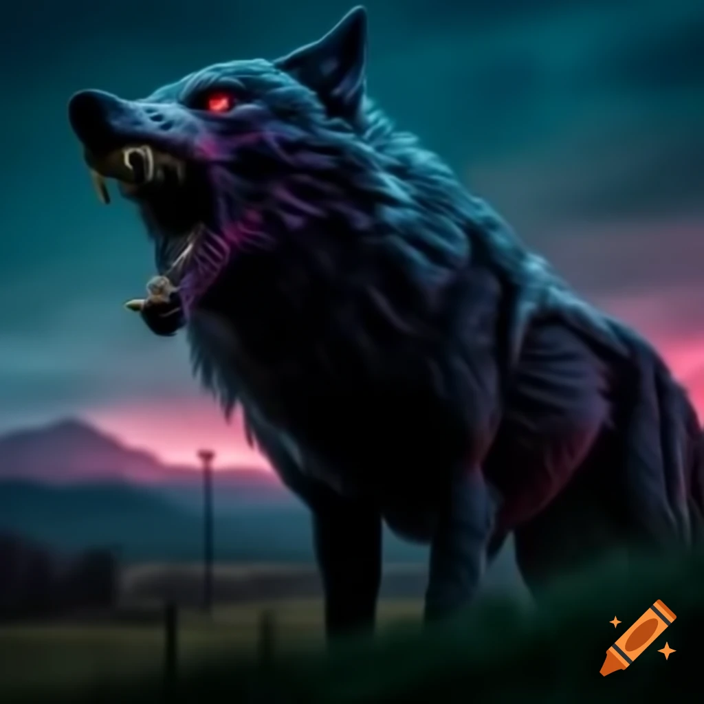 Synthwave styled horror film poster featuring large black wolf with red ...