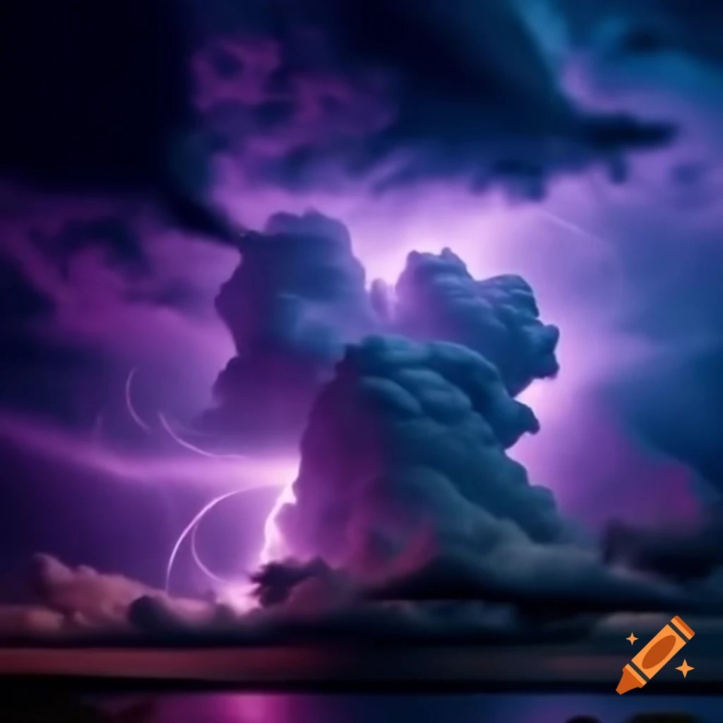 Spectacular lightning storm illuminating deep purple night sky on Craiyon