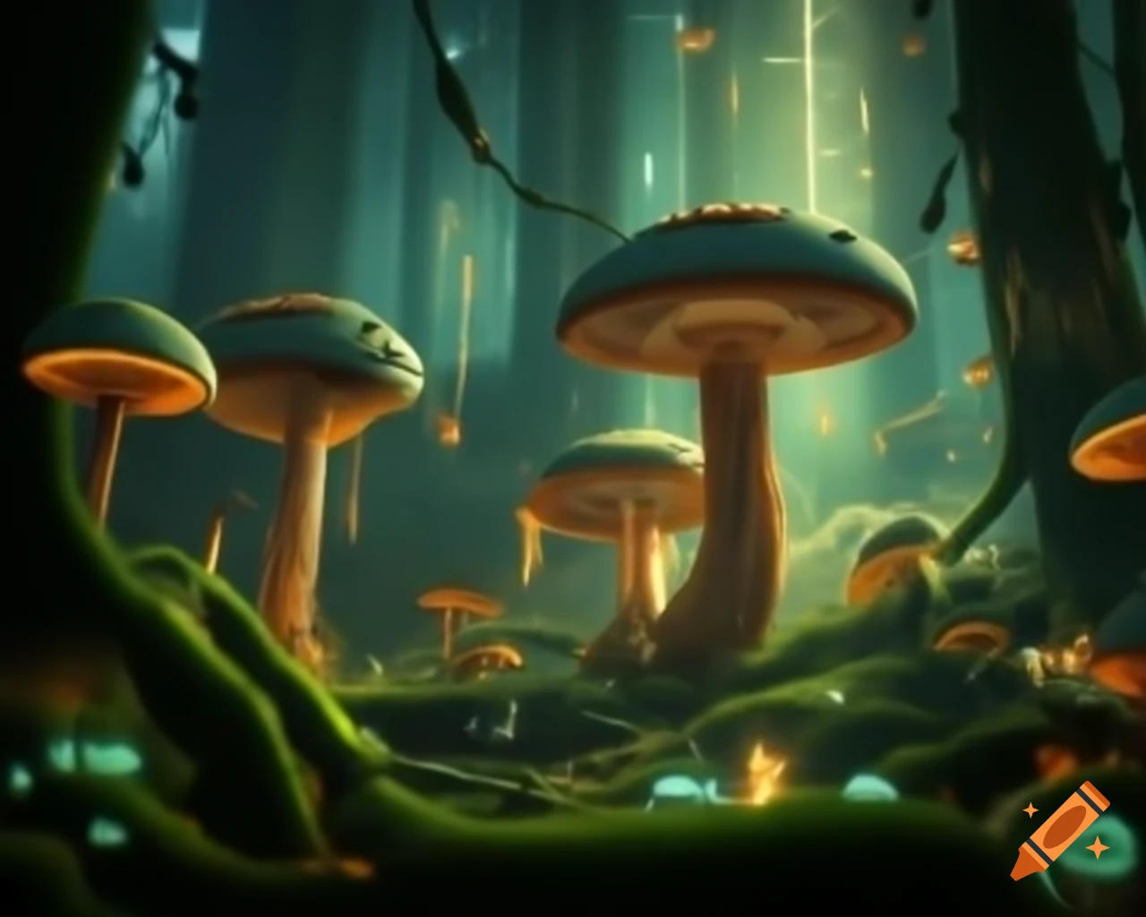 Surreal biopunk forest with glowing trees merging nature and technology ...