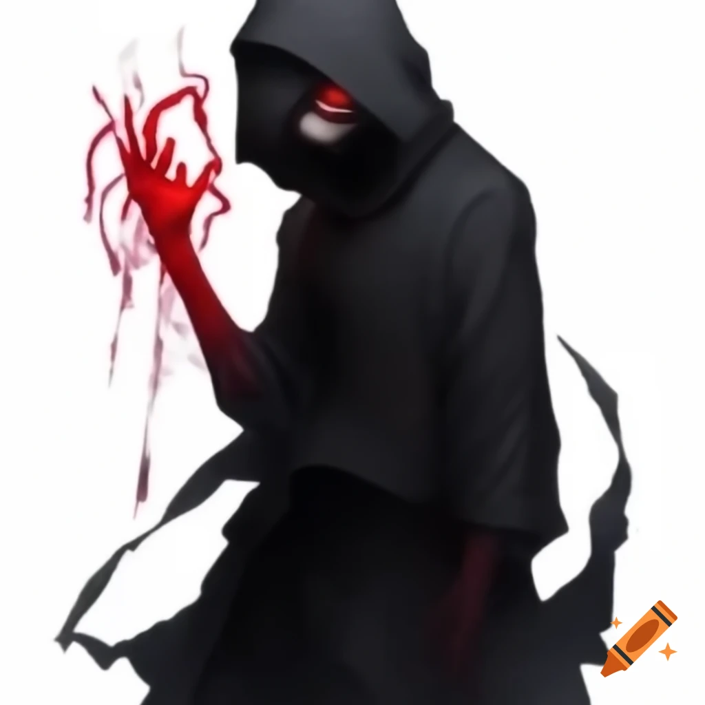 Lithe shadowy figure with jet-black hair and blood-red eyes adorned ...