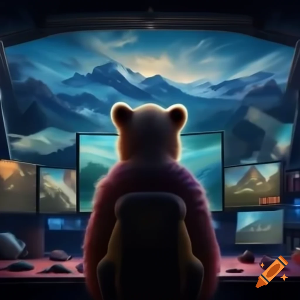 Furry gamer bear resting with mountainous background and illuminated ...