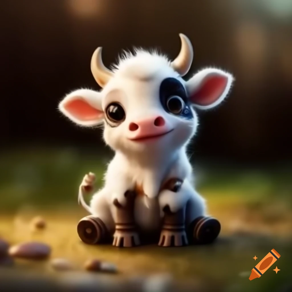 Whimsical portrait of a charming baby cow sitting peacefully on Craiyon