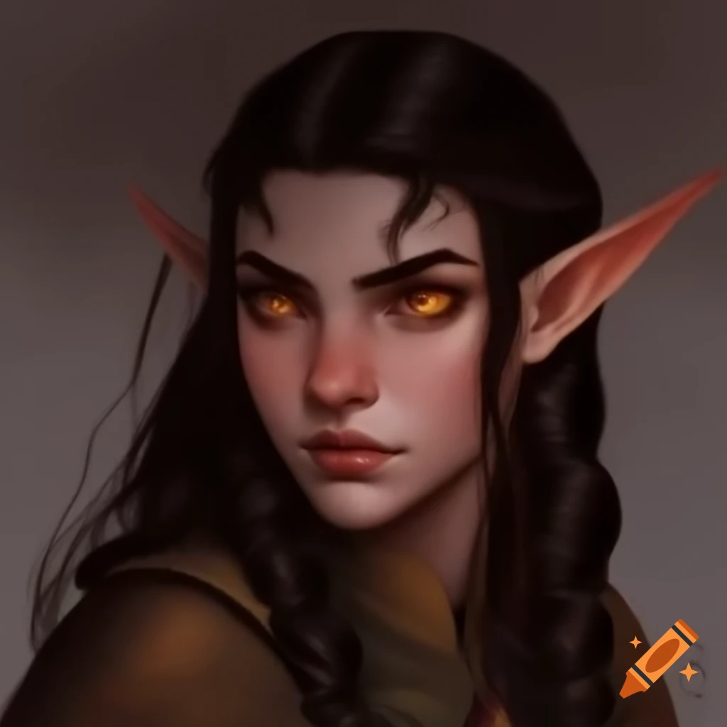 Young woman with elf-like features and braided dark hair, expressive ...