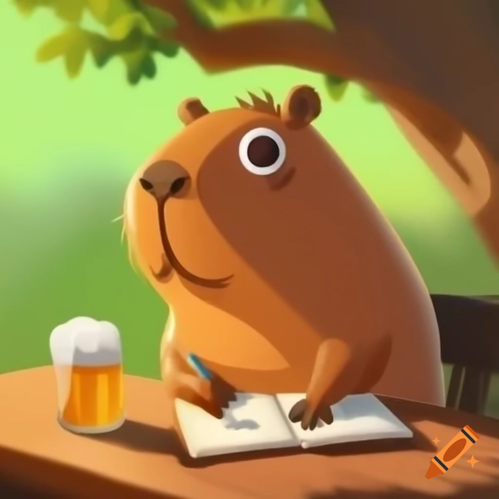 Cartoon capybara writing poems in notebook while drinking beer under ...