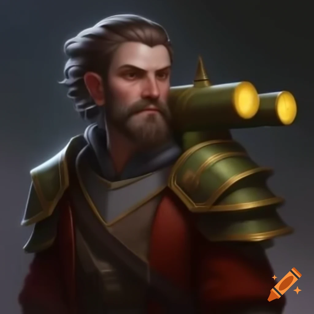 Fantasy inventor with tiny turret on shoulder on Craiyon