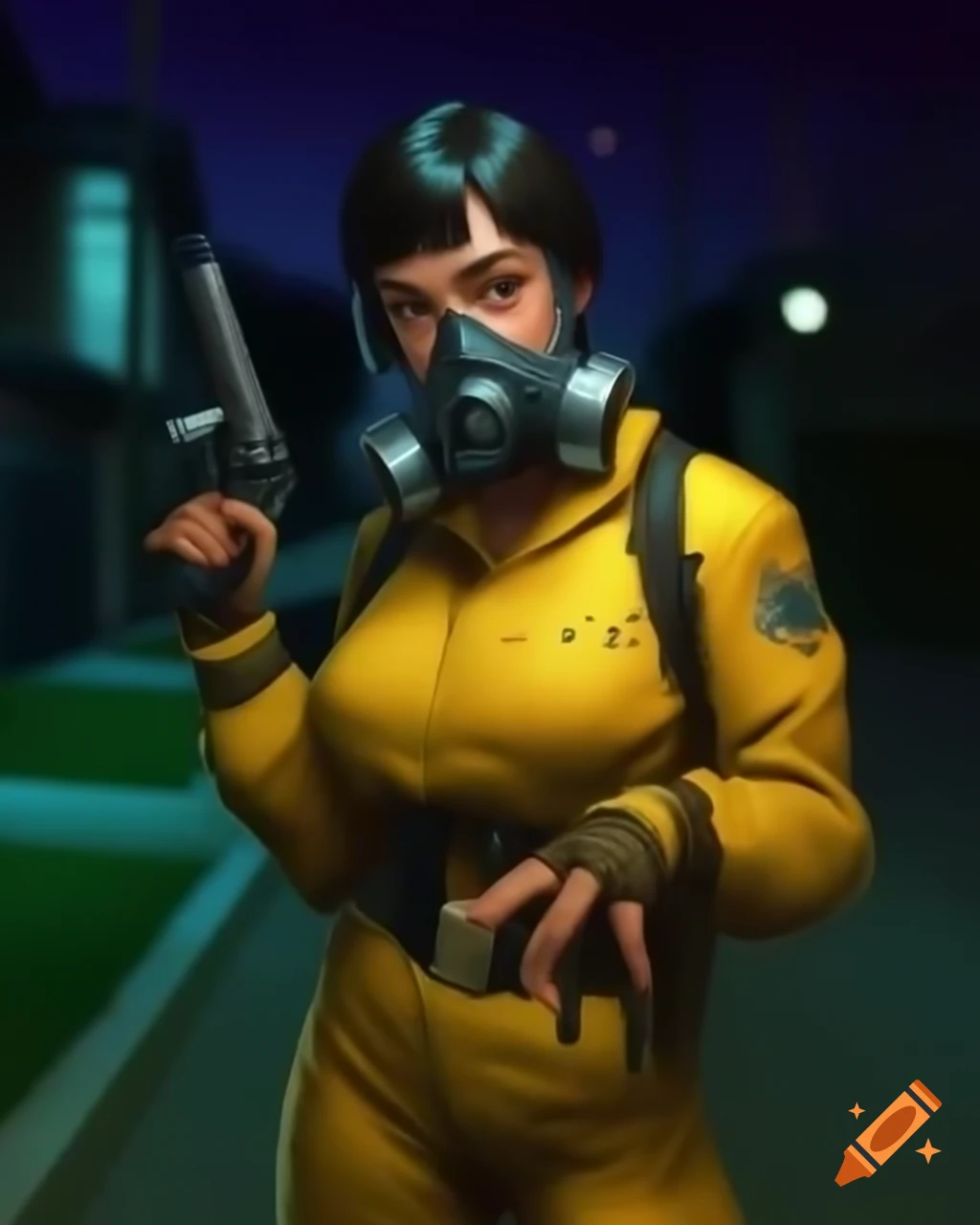 Woman in yellow bio suit and gas mask with frog eyes holding a gun on a ...