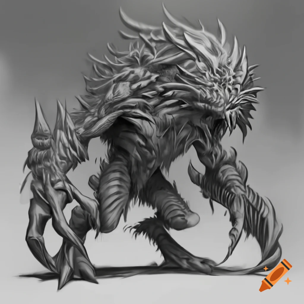 Intricate black and white ink drawing of a detailed monster on Craiyon