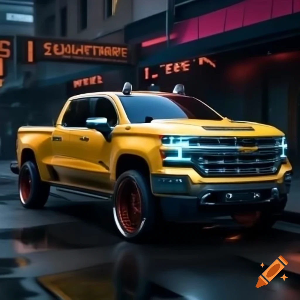 Futuristic yellow chevrolet silverado double cabin with custom rims and ...