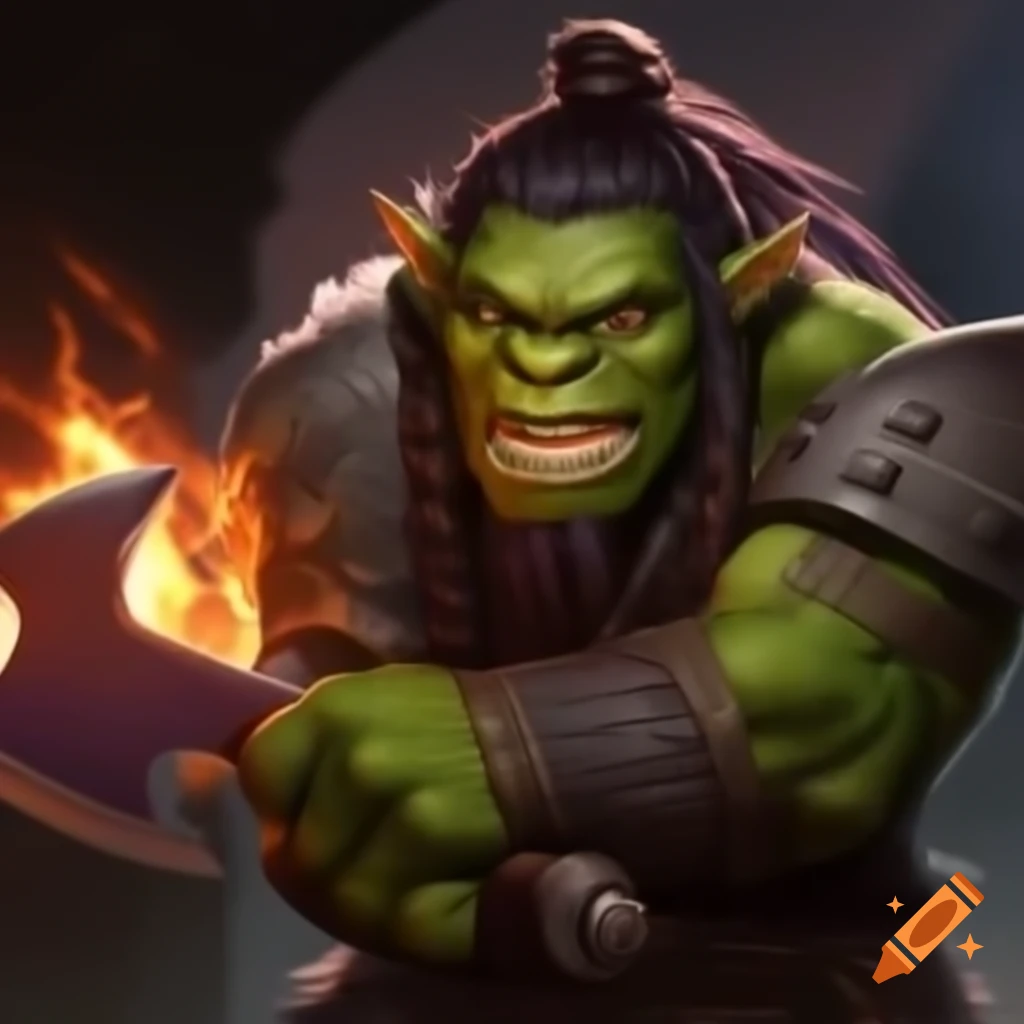 Young half-orc with violet braided hair holding a great axe on Craiyon