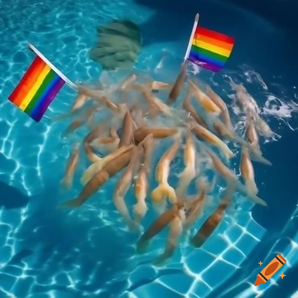 Colorful shrimps in swimming pool with rainbow flags on Craiyon