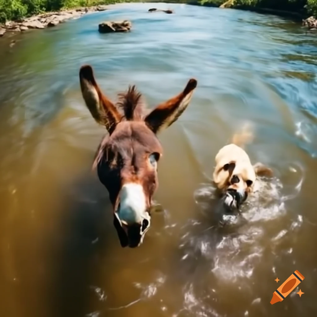 Donkey swimming in river accompanied by a dog on sunny day on Craiyon