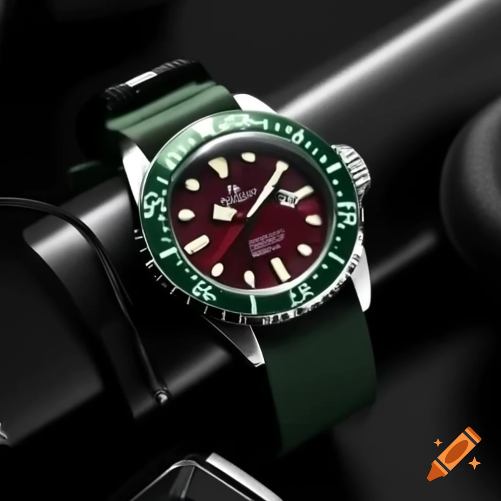 Classic dive watch with dark green bezel, dark red dial, and black ...