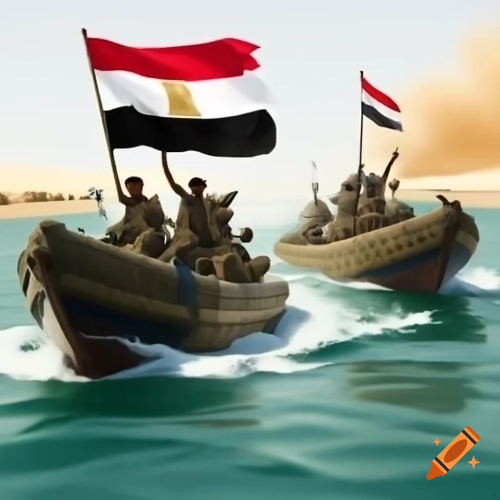 Egyptian soldiers crossing suez canal with large flag and bar lev line ...