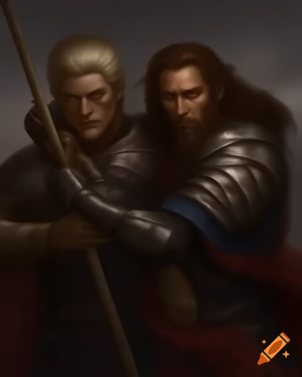 Zebah and Zalmunna, the Midian kings in armor, weary from fleeing King Gideon on Craiyon