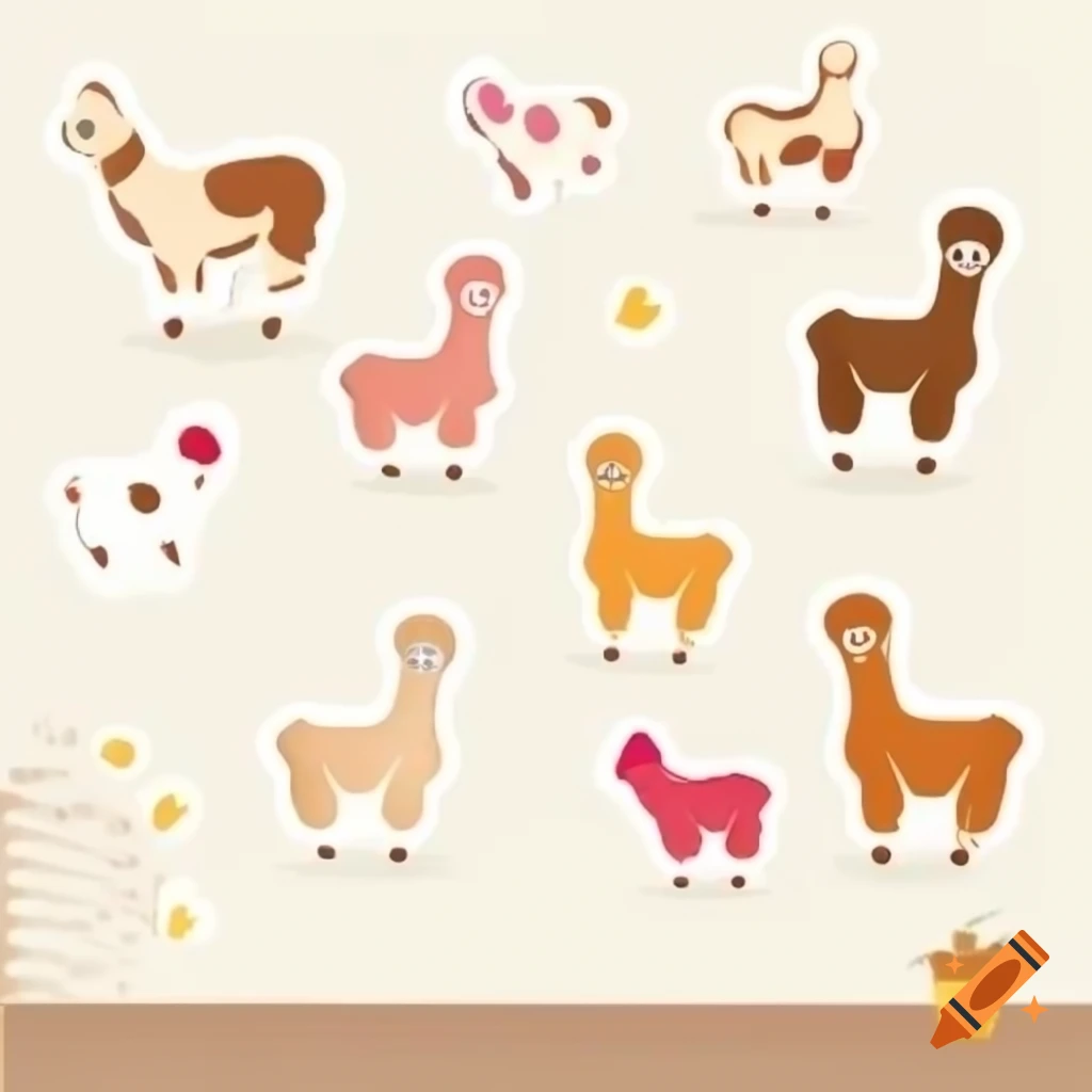 Cute alpaca stickers arranged in a wall formation on Craiyon