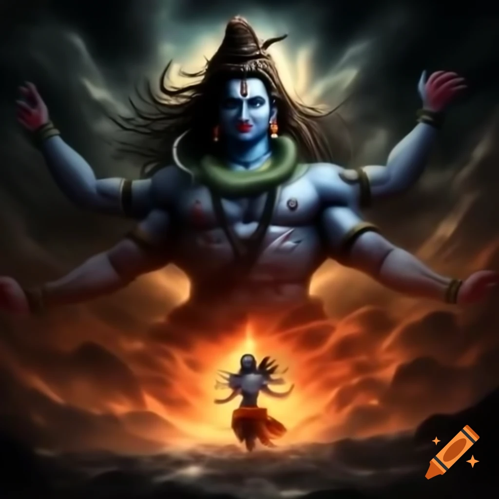 Animation-style scene of lord shiva carrying sati's body, expressing ...