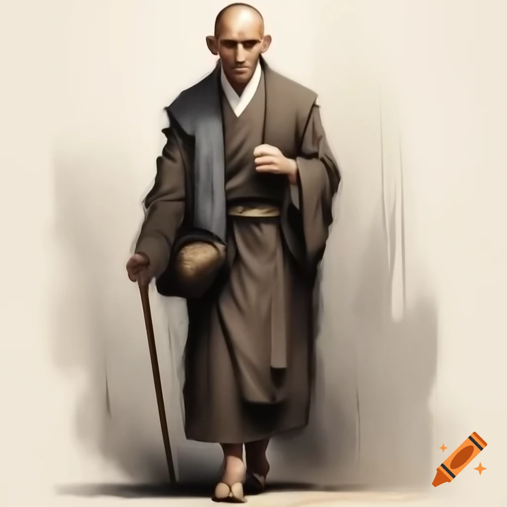 Monk in tailored three-piece suit holding staff, composed and ready on ...