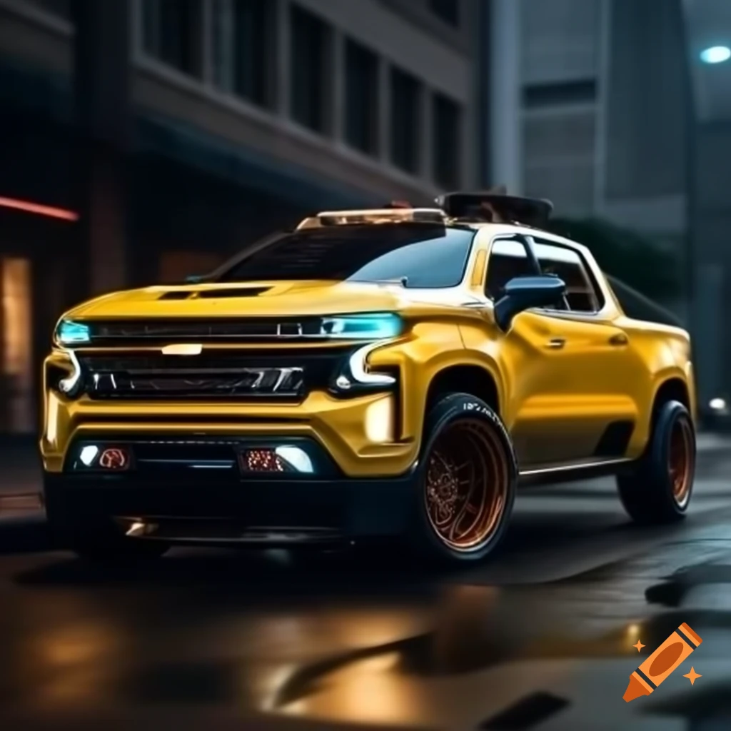 Futuristic yellow Chevrolet Silverado double cabin with custom rims and ...