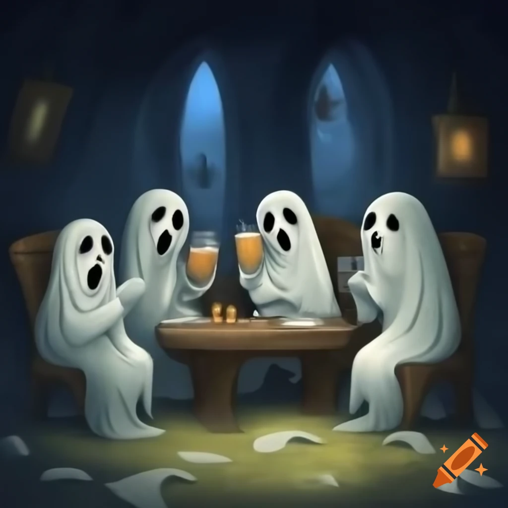 Four ghosts socializing in a castle setting on Craiyon