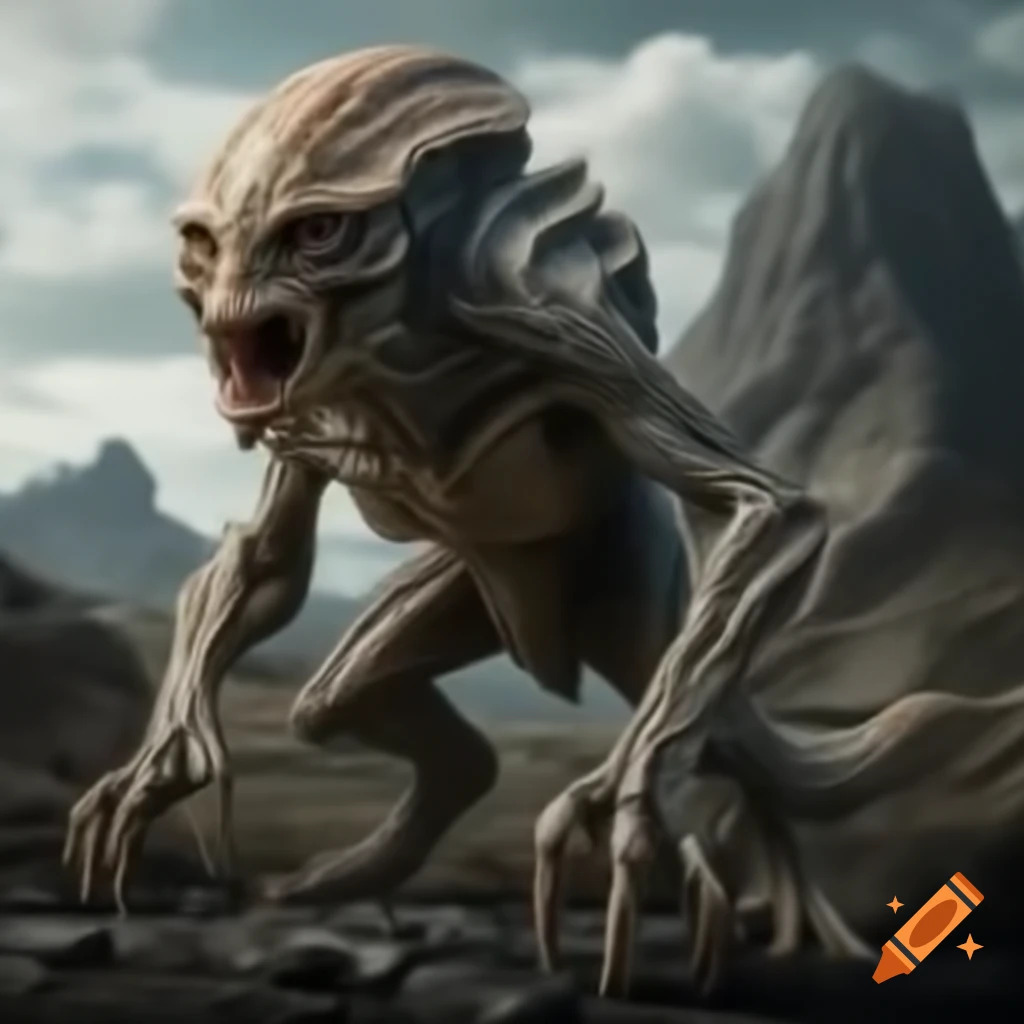 Towering scaly alien beast in rocky valley on Craiyon