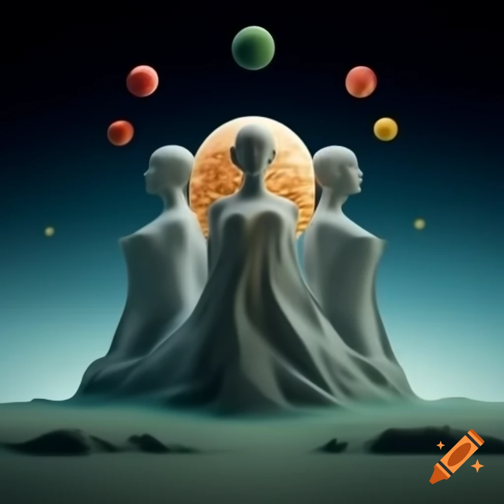 Hyper-surreal painting of cosmic thinking figures in meditation against ...