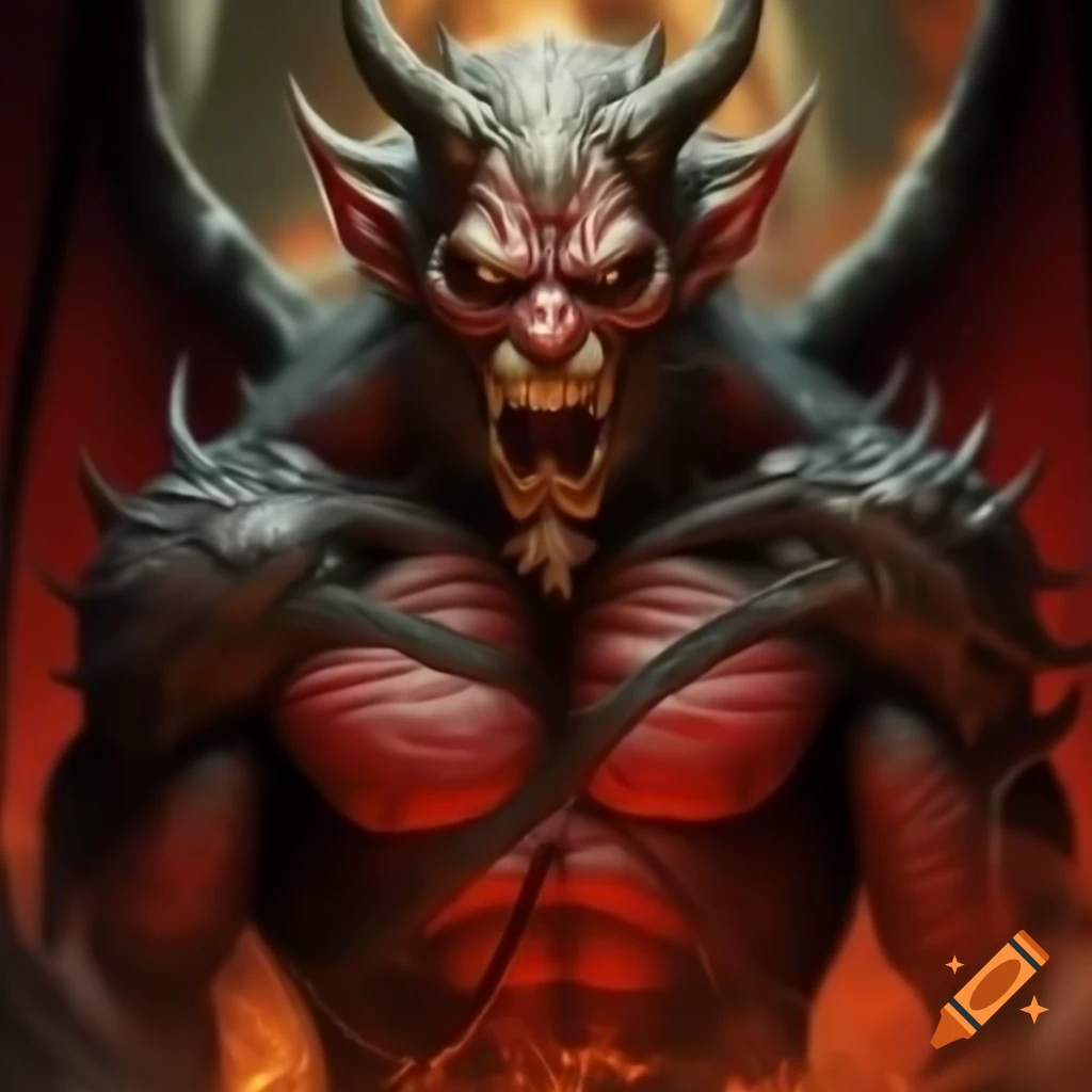 Arkhal the butcher, a horned devil with scarred crimson skin and ...