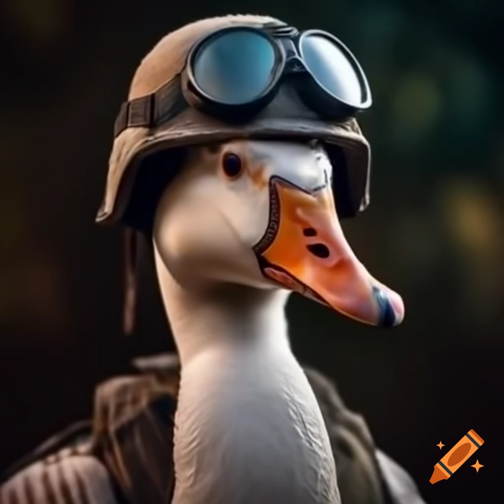 Goose wearing army helmet, humorous depiction on Craiyon