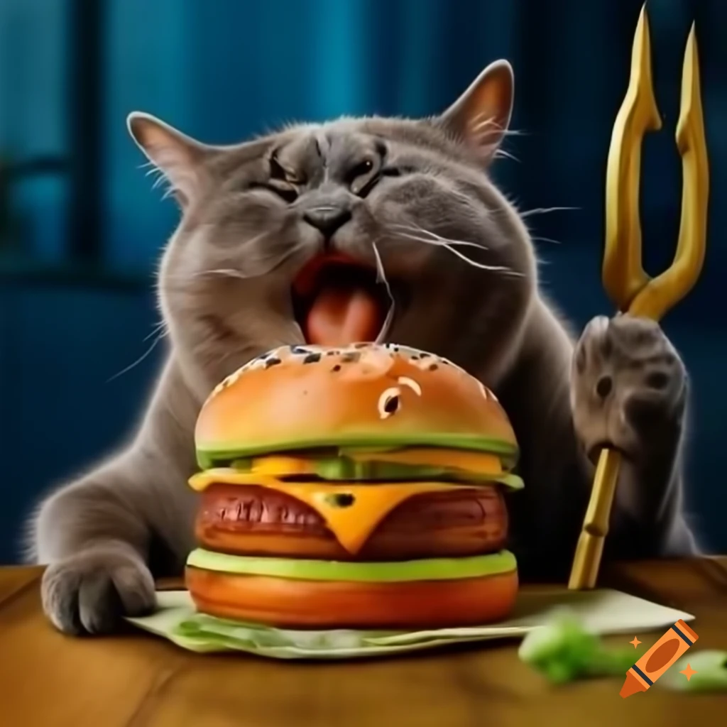 Aquaman-themed cat eating SpongeBob burger on Craiyon