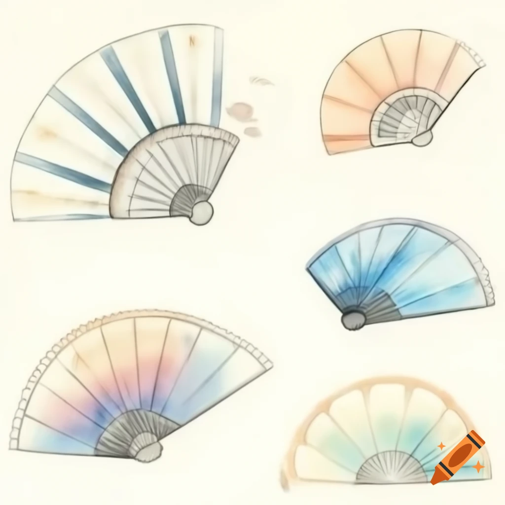 Rough sketch of magical fan shown from different angles with designs on ...