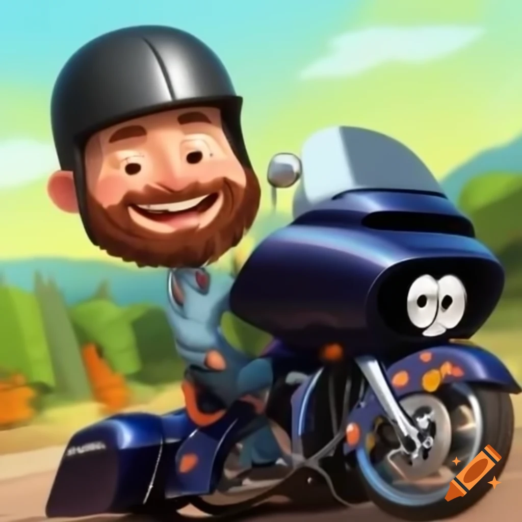 Cartoon bearded man with oversized head on harley davidson bagger ...