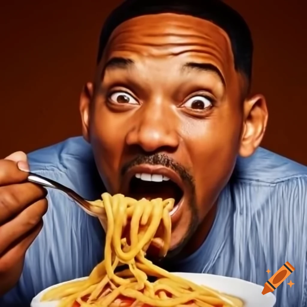 Will Smith enjoying a plate of spaghetti with surprised expression on ...