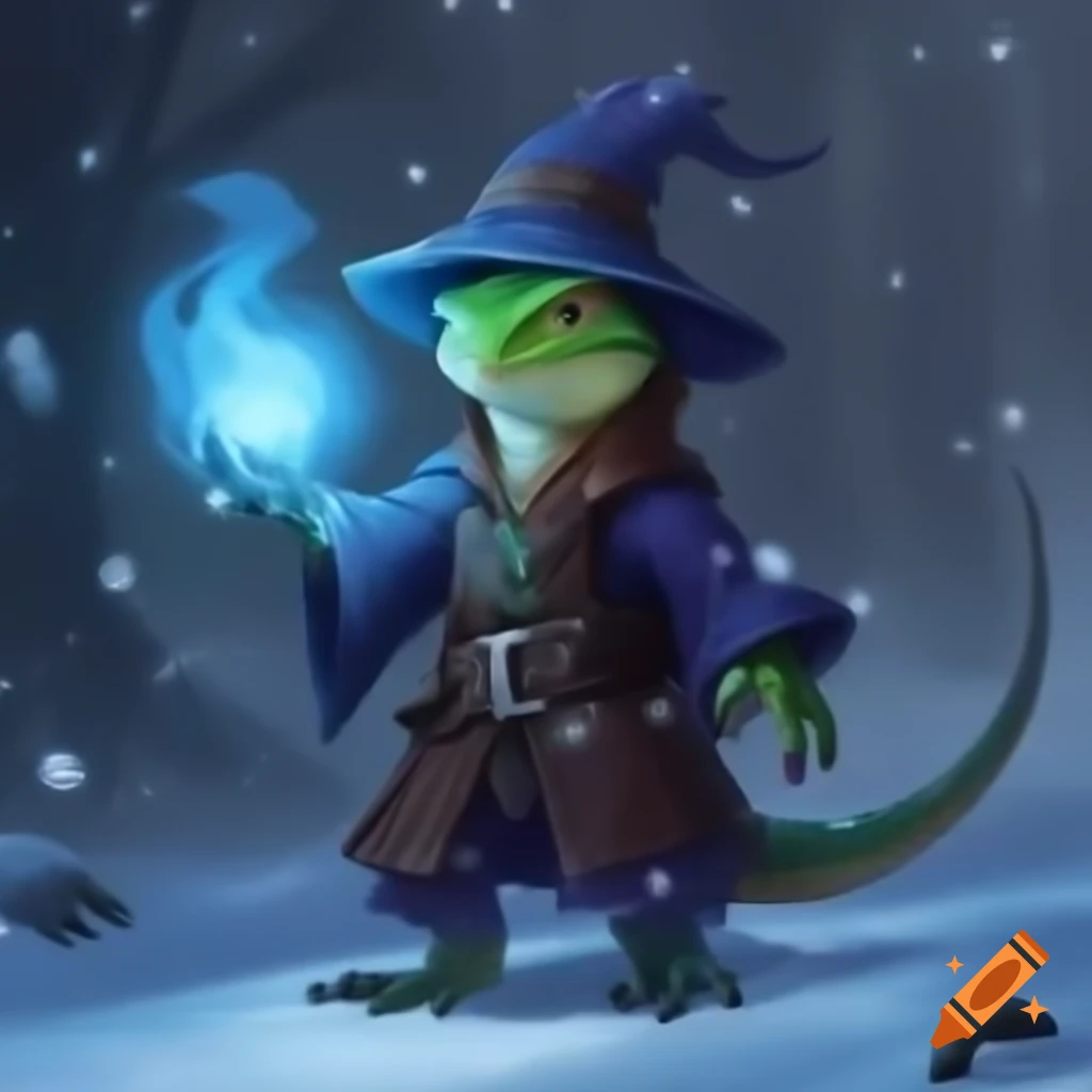 Lizard wizard in a snowy blizzard setting on Craiyon