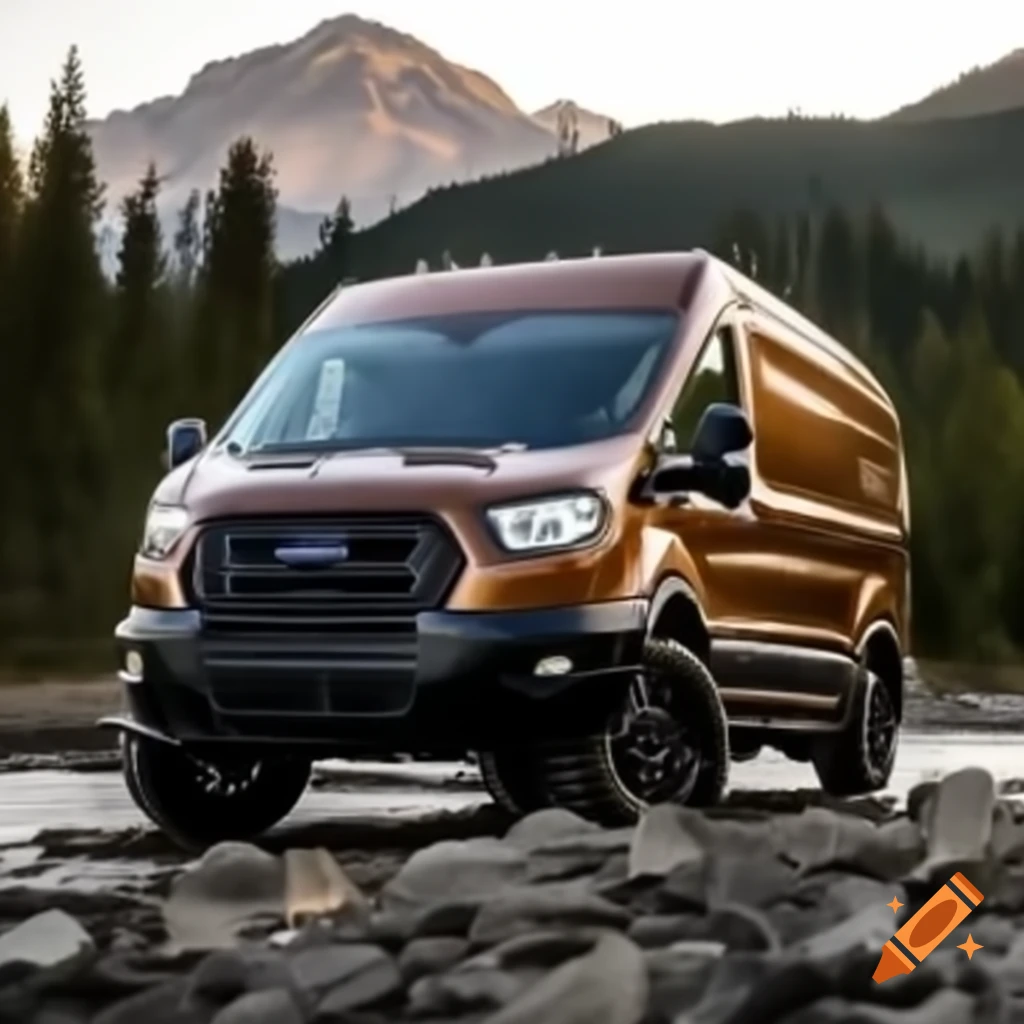 Realistic dark brown ford transit 4x4 crossing a turbulent river on Craiyon