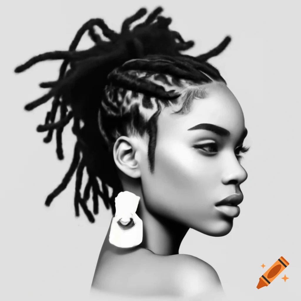 Black and white drawing of young woman with dreadlocks in profile on ...