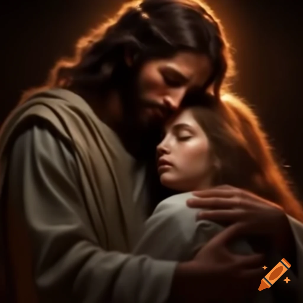 Jesus christ providing comfort to a red-headed woman on Craiyon