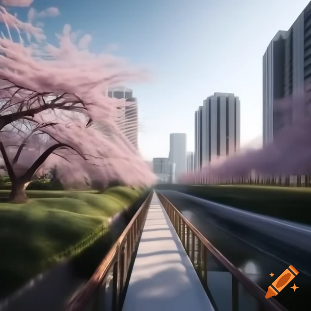 Serene urban walking path with stream and cherry blossom trees beside ...