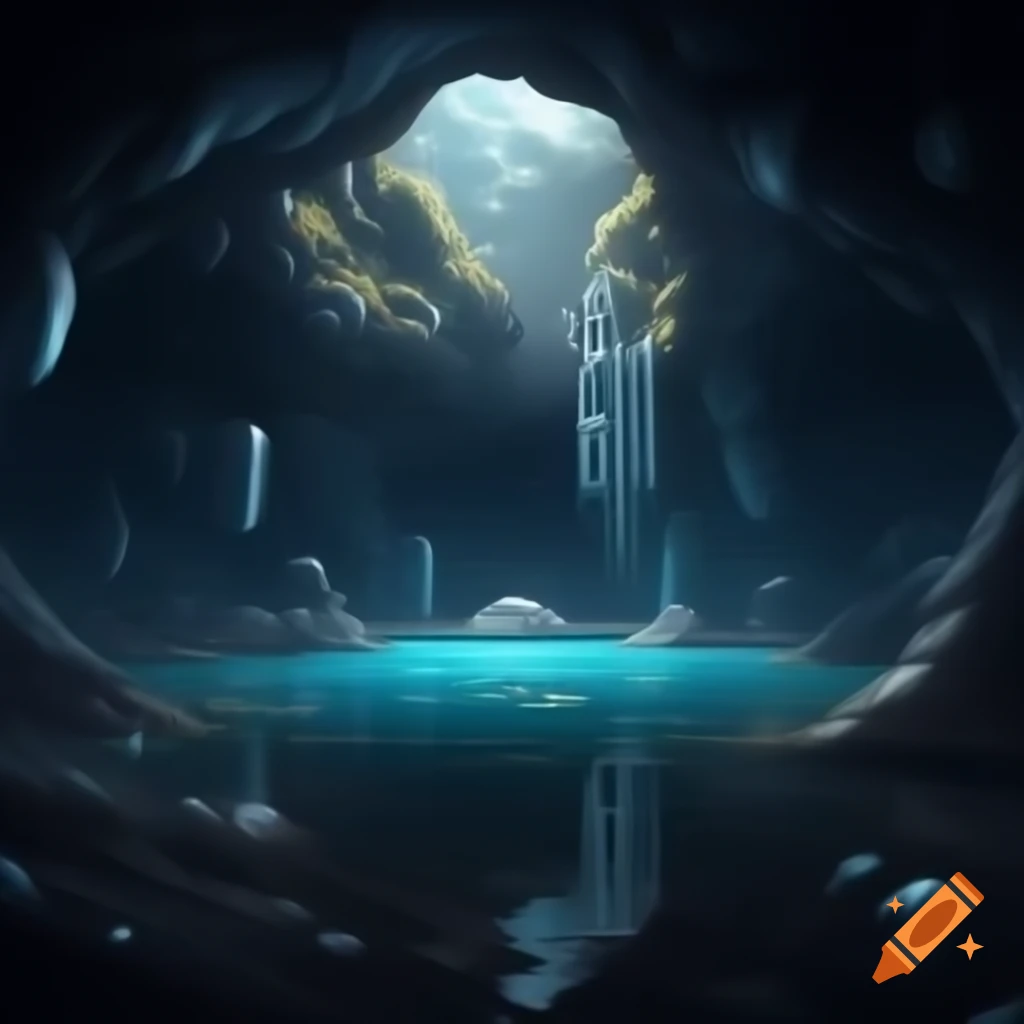 Small lake in dark cave with white crystals, anime battle backdrop on ...