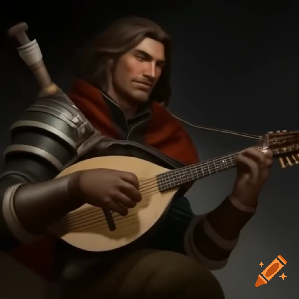 Male bard playing mandolin with bow and rapier on Craiyon