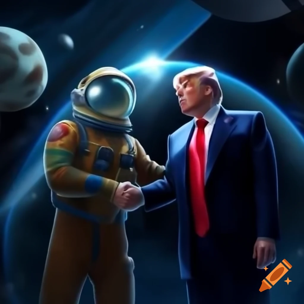 Elon Musk in space suit shaking hands with President Trump in a science ...