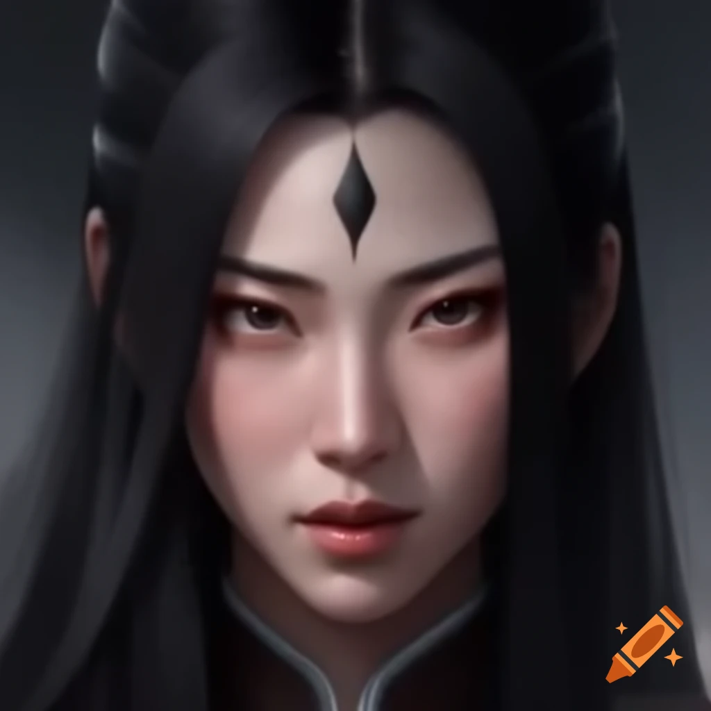Strong Asian warrior queen with black hair and distinct facial features ...