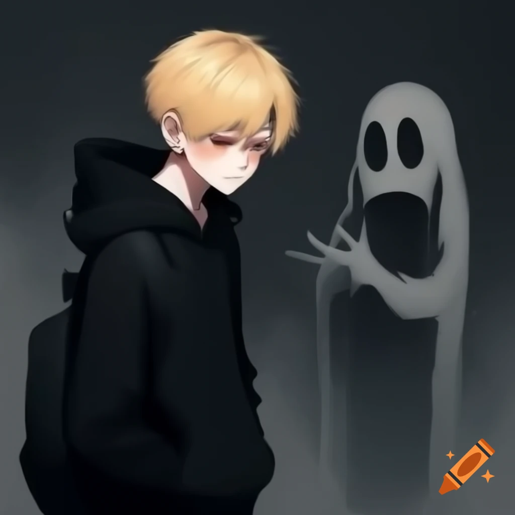 Anime scene of a blonde-haired boy in a black hoodie being possessed by ...