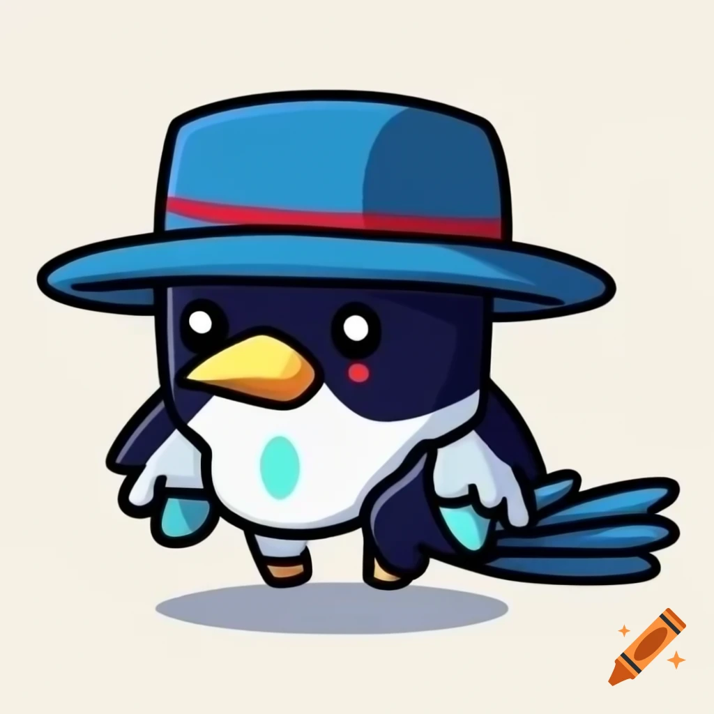 Cute magpie wearing a hat in Scribblenauts style on Craiyon