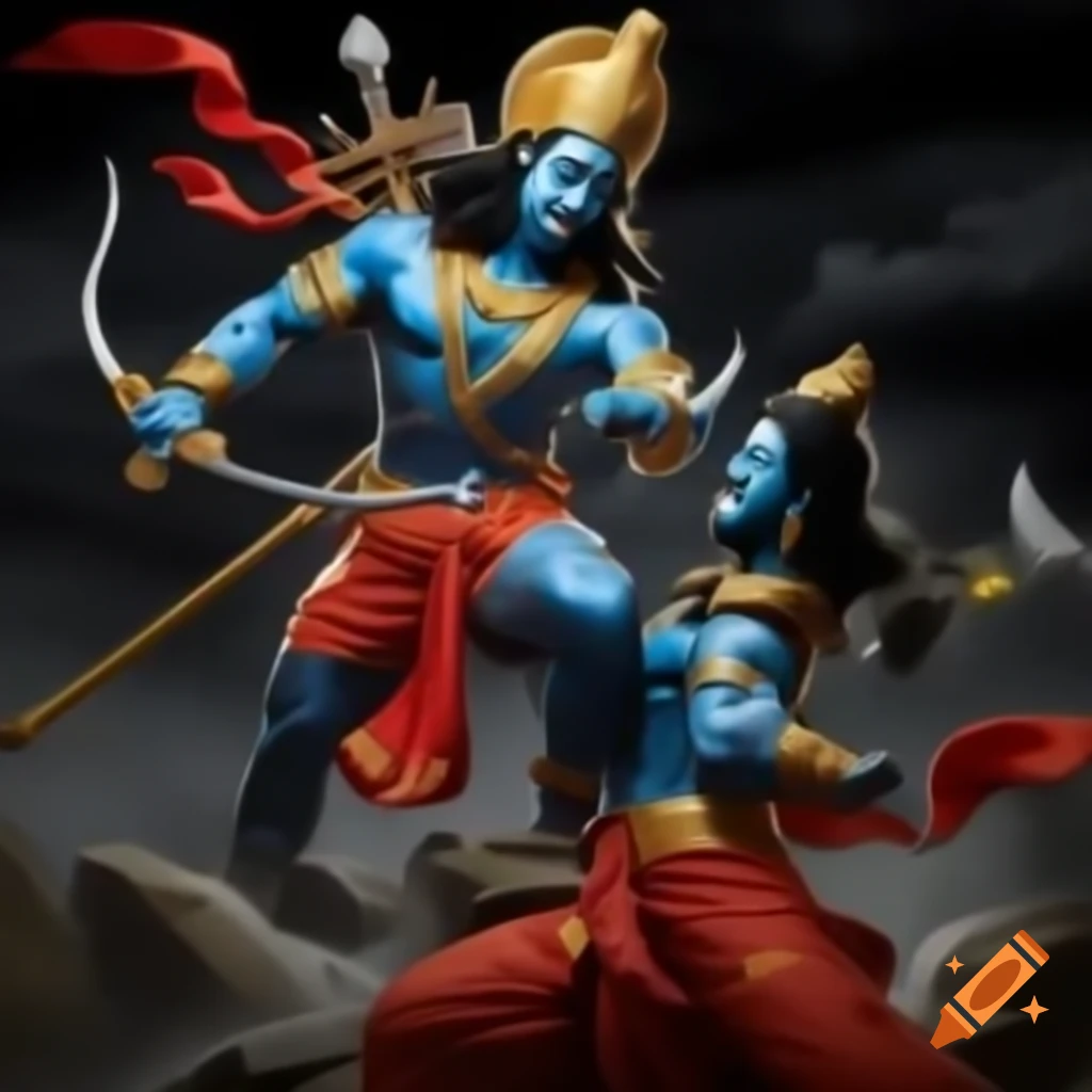Cinematic 3d battle scene of lord rama and ravana in pixar-inspired ...