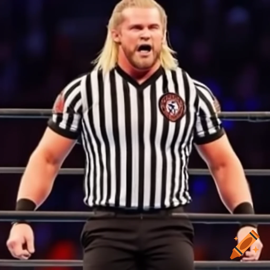 Tall athletic pro wrestling referee with blonde hair on Craiyon