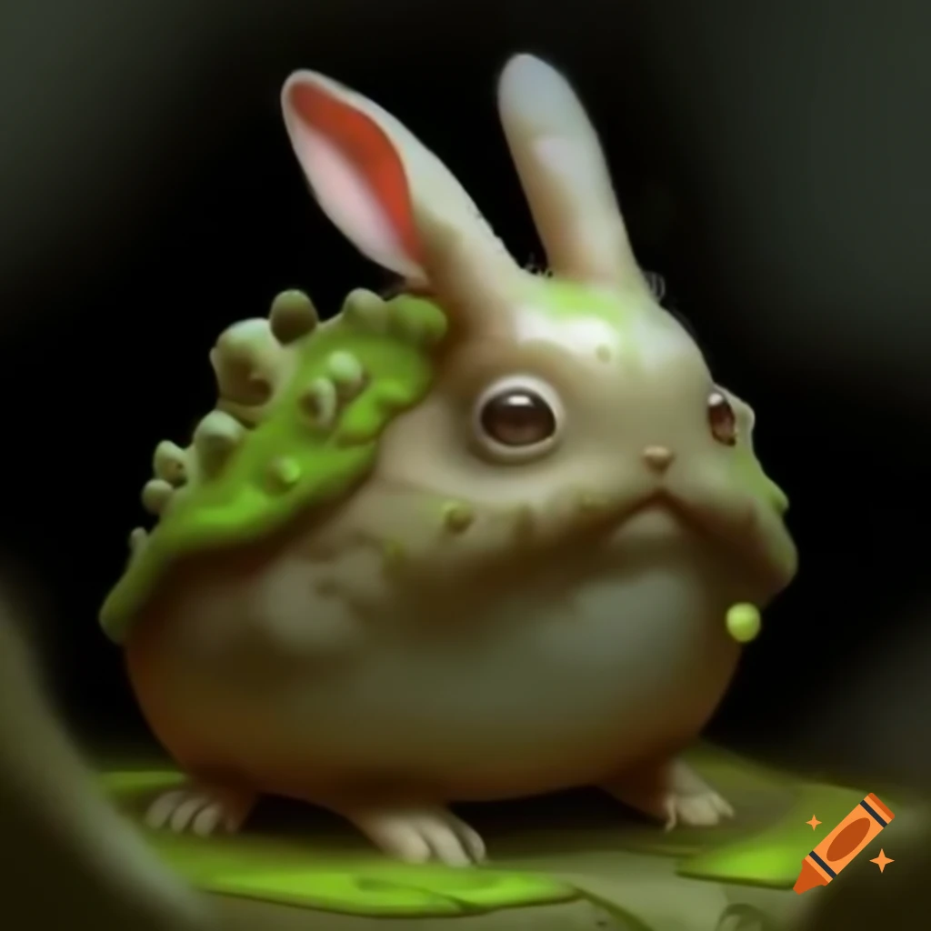 Whimsical hybrid creature with rabbit ears and toad features, covered ...