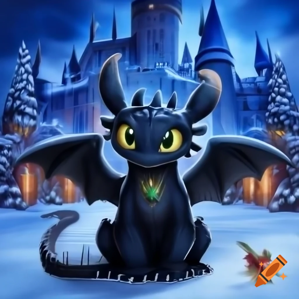 Toothless dragon in snow with Hogwarts castle and Christmas tree on Craiyon