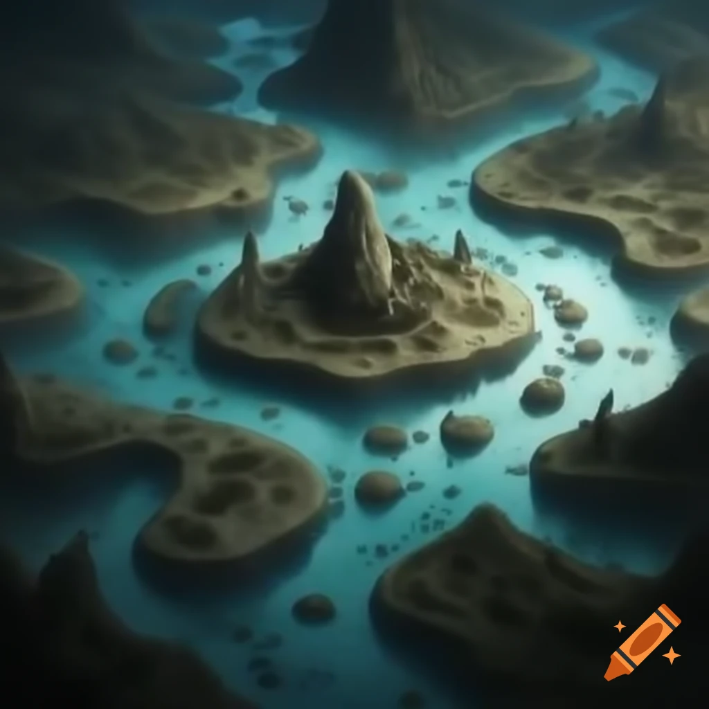 Surreal landscape with rivers of coffee creating a maze of islands on ...