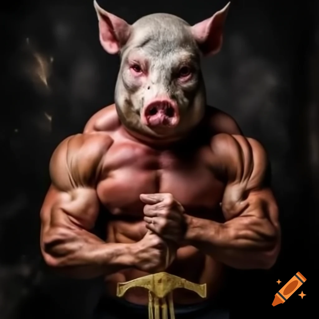 Muscular man wearing Pig Mask and holding golden sword on Craiyon