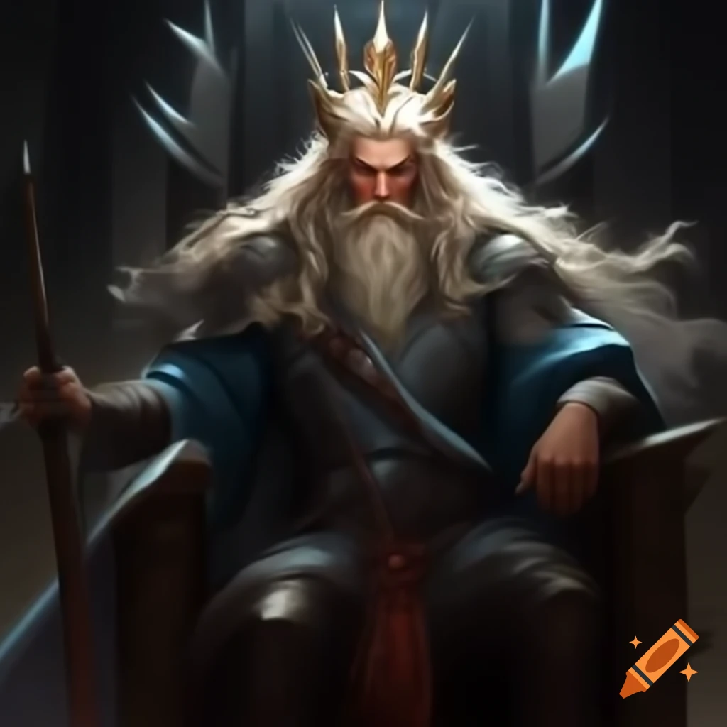 Fantasy king with blond hair and blue eyes sitting on throne with sword and crown on Craiyon